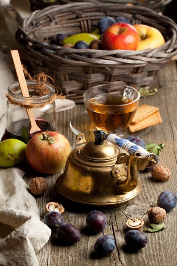 Old teapot with fruits stock image. Image of green, freshness - 19781057