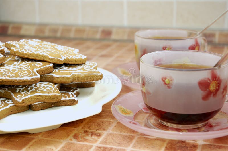 Tea and Gingerbread Cookies Stock Photo - Image of decoration, dessert ...