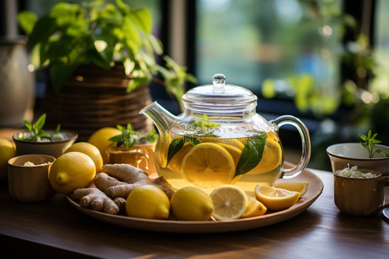 Tea in the Glass Pot with Ginger Root, Lemon and Honey. AI Generative ...