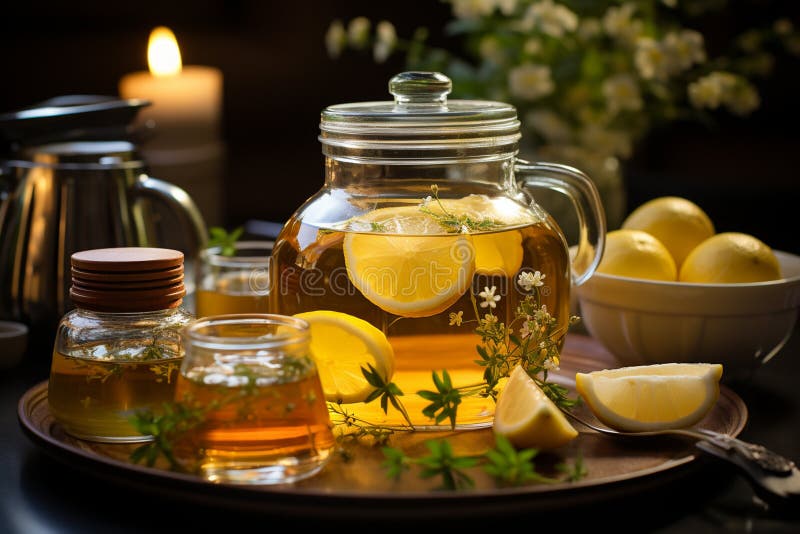 Tea in the Glass Pot with Ginger Root, Lemon and Honey. AI Generative ...