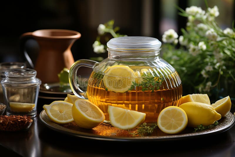 Tea in the Glass Pot with Ginger Root, Lemon and Honey. AI Generative ...