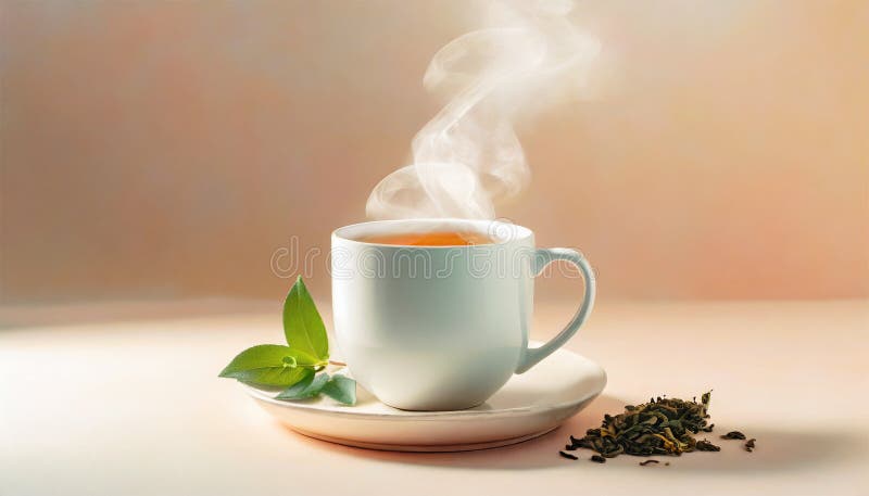 Tea with Green Tea Leaves and Steam on a Light Background. AI Generated ...