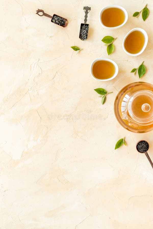 Tea Green Leaves with Teapot and Cups, Top View. Tea Ceremony Concept ...