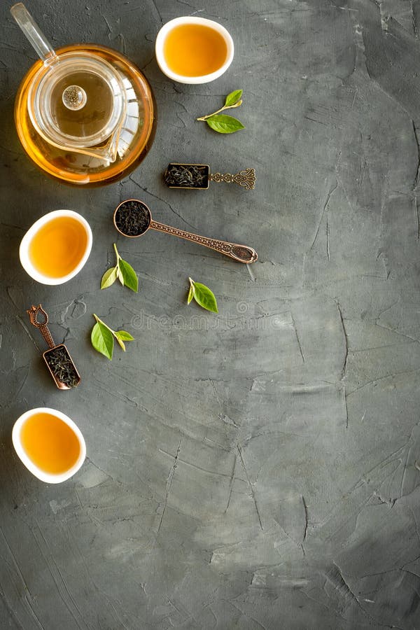 Tea Green Leaves with Teapot and Cups, Top View. Tea Ceremony Concept ...