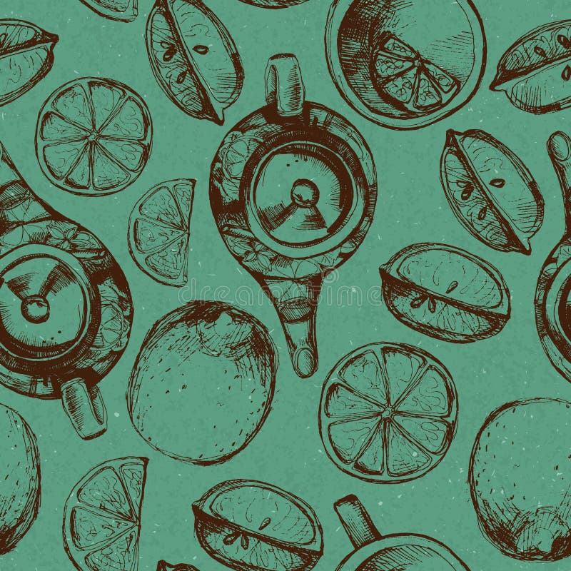 Tea Hand Draw Seamless Pattern with Teapot, Lemons and Cup. Sketched ...