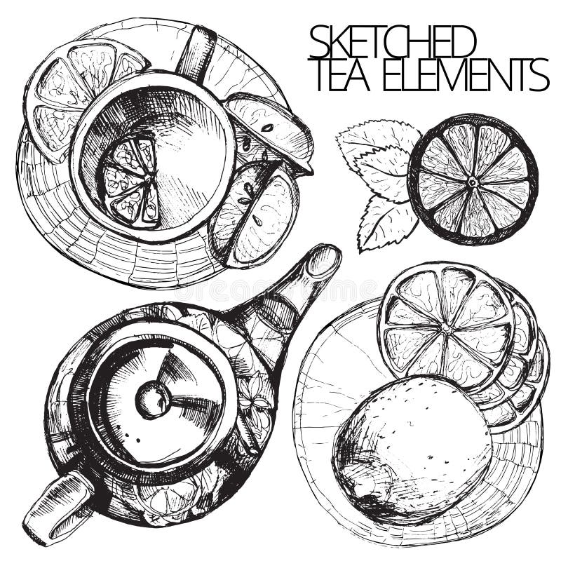 Tea Hand Draw Set - Teapot, Cup and Spoon with Lemons, Limes. Isolated ...