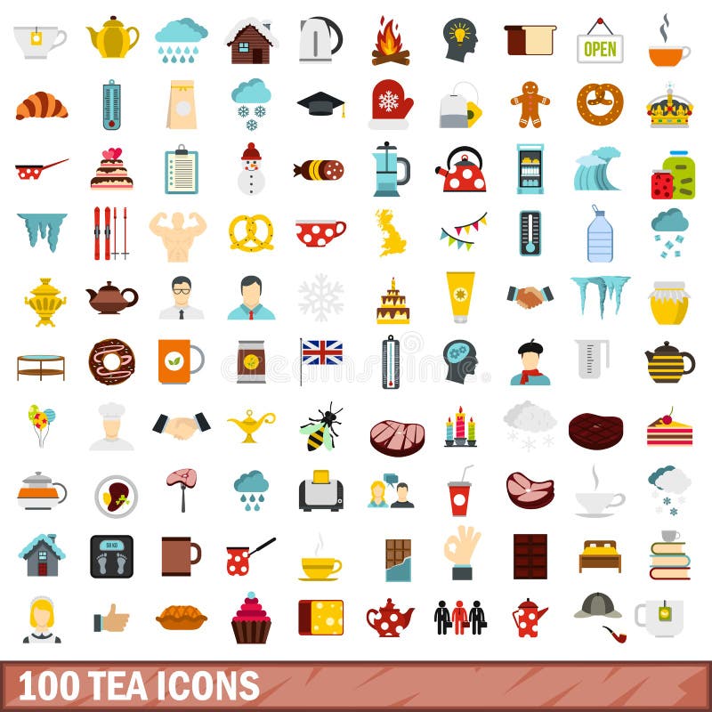 100 Tea Icons Set, Flat Style Stock Vector - Illustration of maid ...
