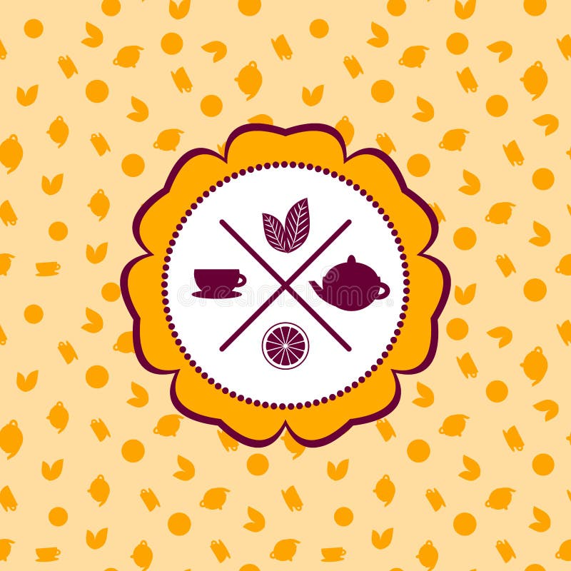 Tea Icons Set with Lemon Seamless Pattern on Orange Background. Vector ...