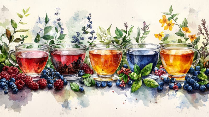 Tea Ingredients Illustrated in Watercolor with a White Backdrop Stock ...