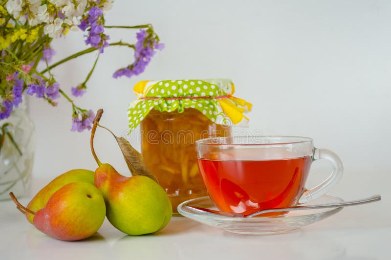 Tea, Jar of Apple Jam and Pears on White Table. Stock Photo - Image of ...