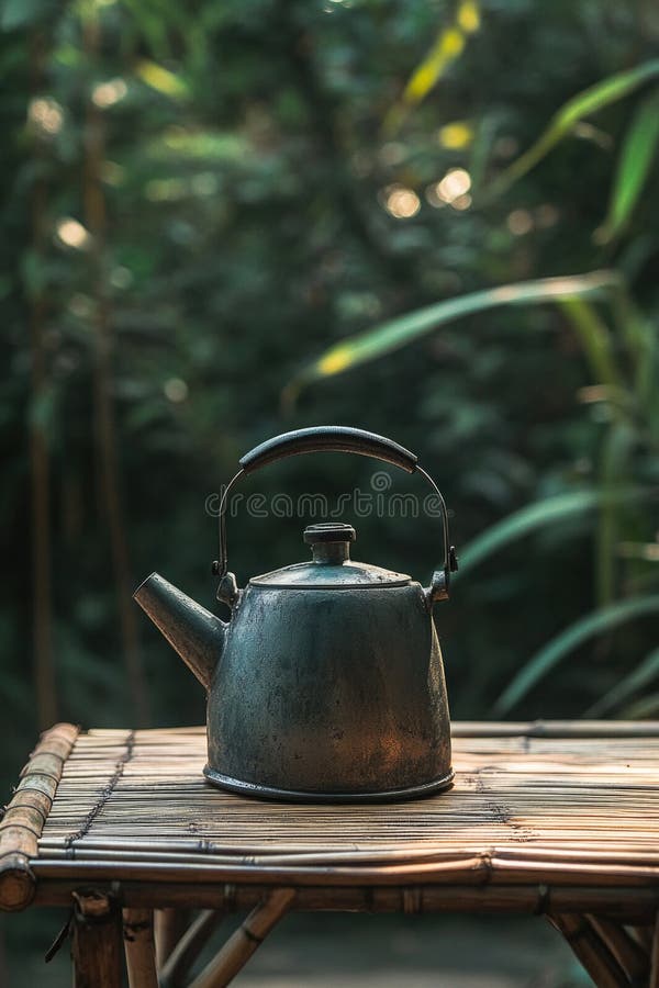 Tea Kettle on Bamboo Table stock photo. Image of bamboo - 376443928