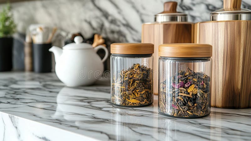 Tea Leaves Glass Jars Kitchen Counter Marble Background Stock Image ...