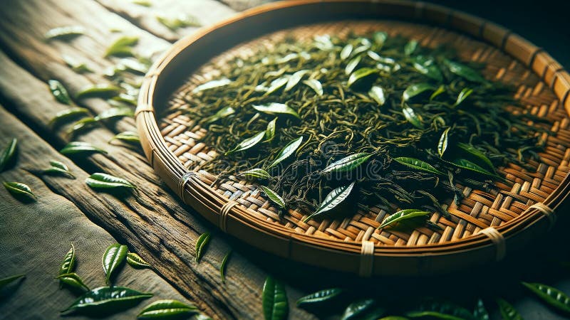 Tea Leaves Spread Out on a Bamboo Mat Stock Illustration - Illustration ...