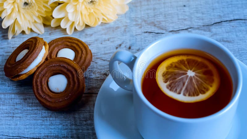 Tea with Lemon for Breakfast in the Morning. a Hot Drink on the Stock ...