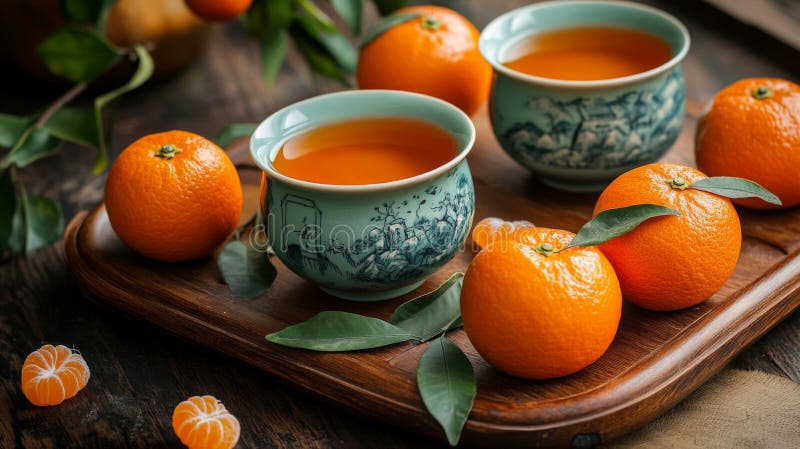 Tea and Mandarin Oranges on Wooden Tray Stock Illustration ...