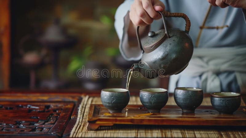 A Tea Master Pouring Tea from a Tall Ceramic Teapot into Small Cups ...