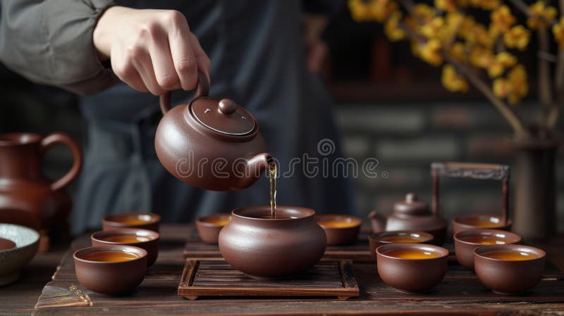A Tea Master Pouring Tea from a Tall Ceramic Teapot into Small Cups ...