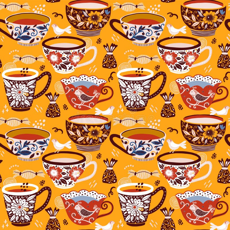Tea Mug Vector Texture Pattern. Teatime Seamless Pattern. Stock Vector ...