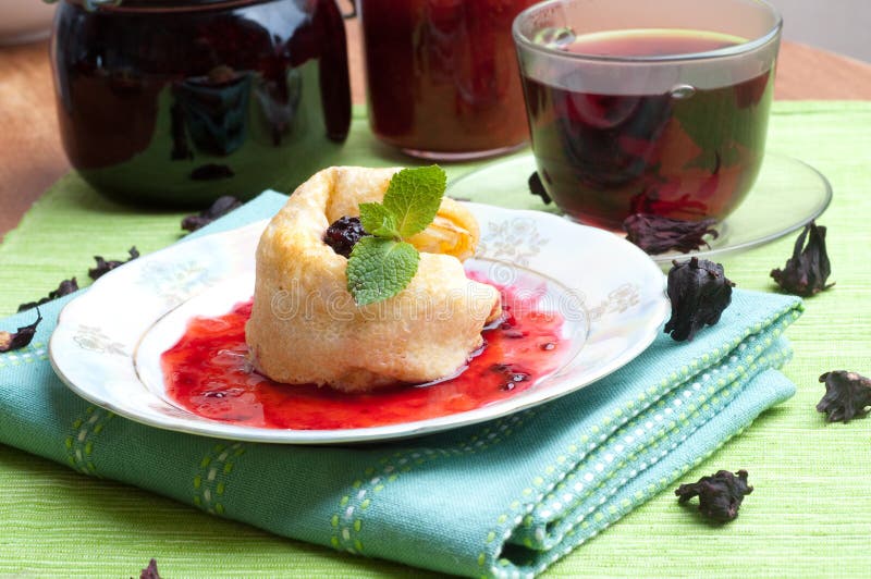 Tea, Pancakes with Bilberry Jam Stock Image - Image of morning ...