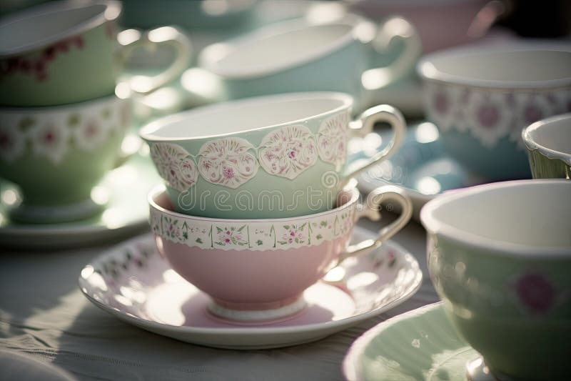 Tea Party in the Afternoon, with Pretty Pastel Tea Cups Lined Up Stock ...