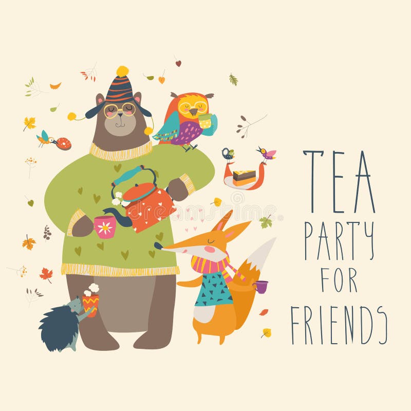 Tea Party with Cute Animals Stock Vector - Illustration of colorful ...