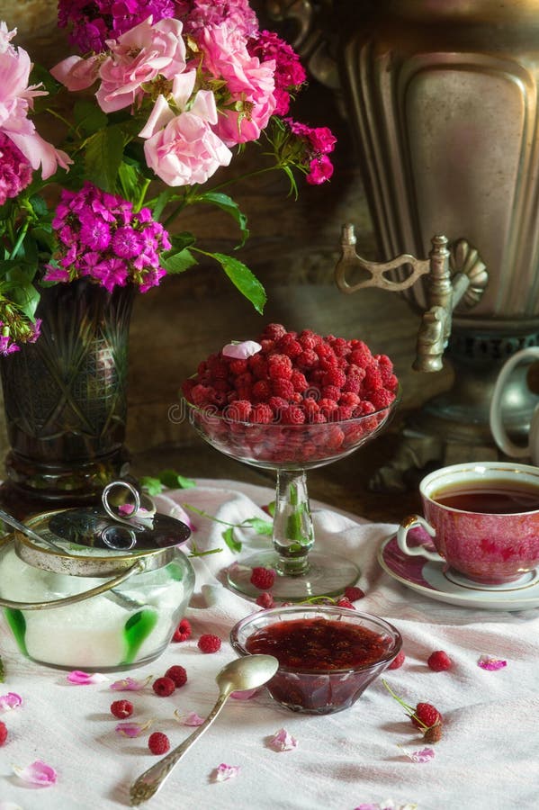 Tea Party with Samovar, Raspberry and Jam in Rustic Style Stock Photo ...