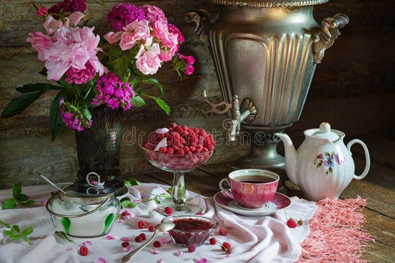 Tea Party with Samovar, Raspberry and Jam in Rustic Style Stock Photo ...