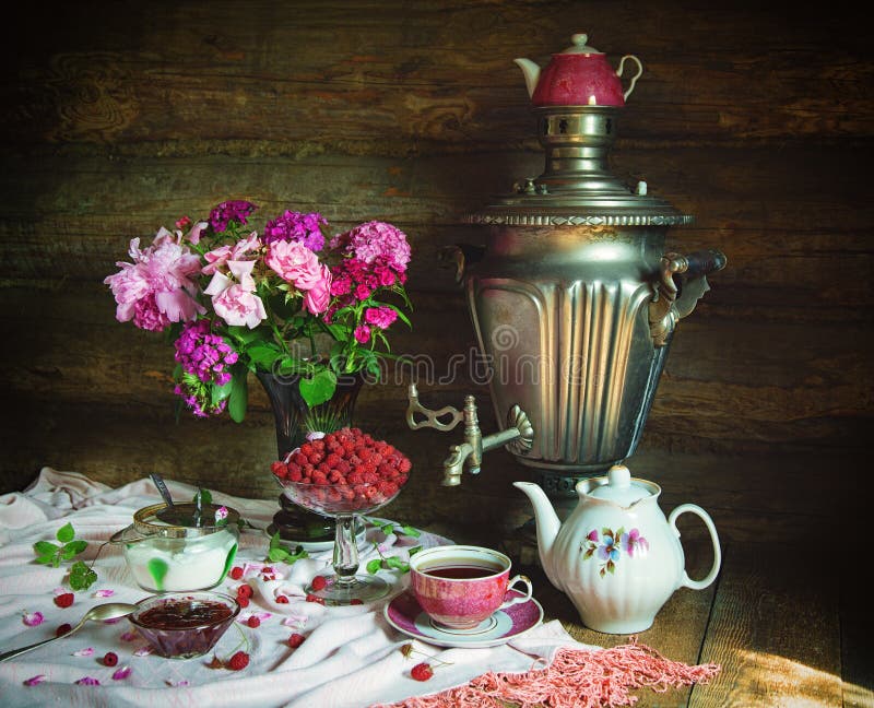 Tea Party with Samovar, Raspberry and Jam Stock Photo - Image of ...