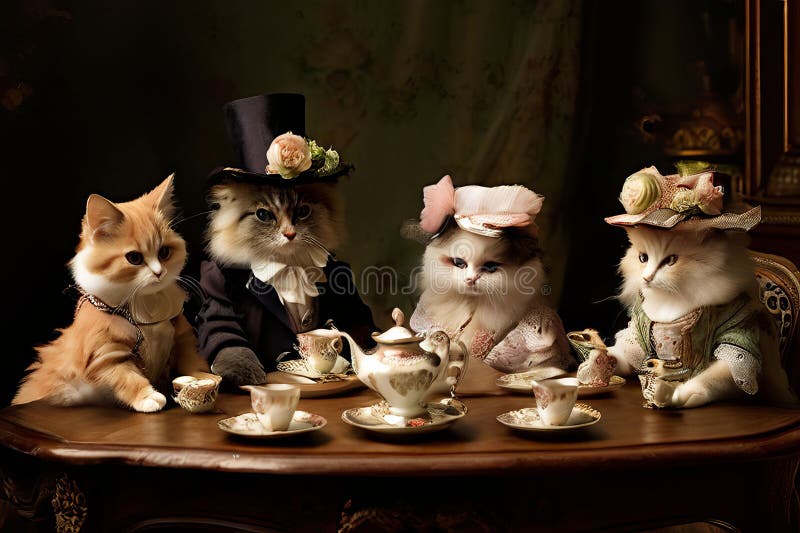 Tea Party Several Pets Around a Table with Doll Sized Tea Sets W Stock ...