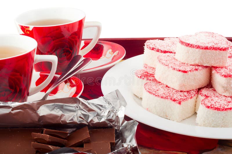 Tea Party for Two with Heart-shaped Cake Stock Image - Image of cake ...