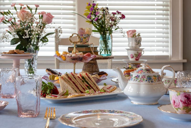 Tea Party Using Vintage Porcelain Dishes and Glassware Stock Image ...