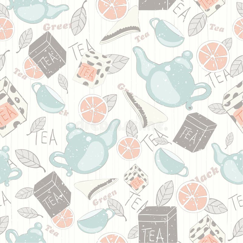 Beige Seamless Patterns with Tea Set, Leafs, Cup,kettle, Flower Stock ...