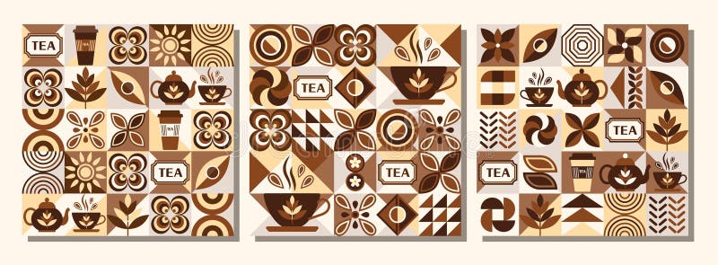 Tea Patterns with Icons in Geometric Style Stock Illustration ...