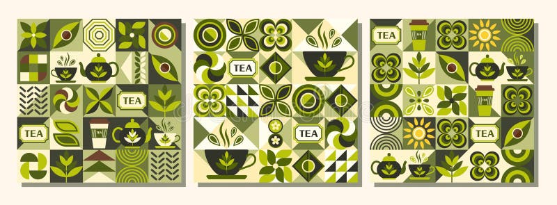 Tea Patterns with Icons in Geometric Style Stock Vector - Illustration ...