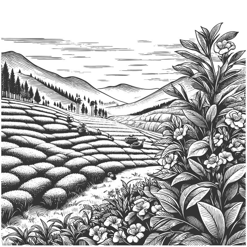 Tea Plantation Engraving Raster Illustration Stock Image - Image of ...