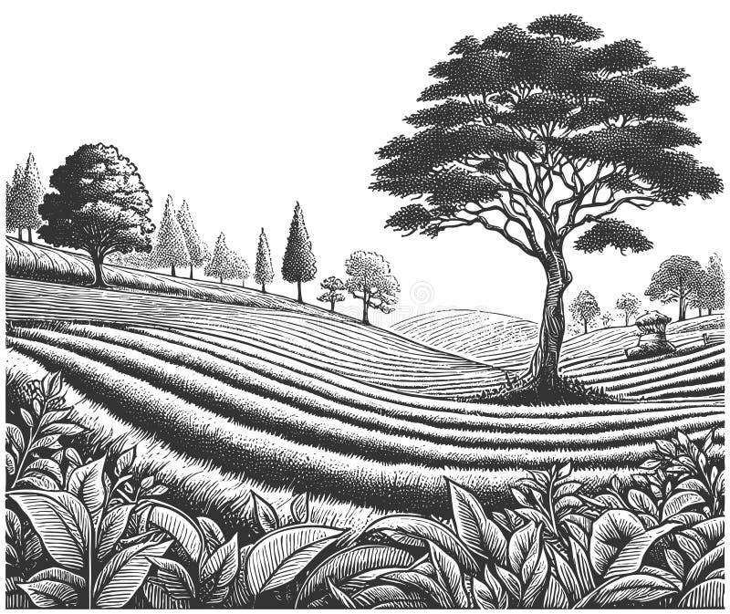 Tea Plantation Engraving Raster Illustration Stock Image - Image of ...