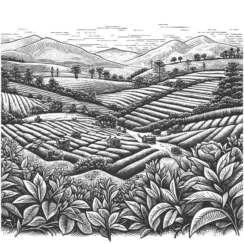 Tea Plantation Engraving Raster Illustration Stock Image - Image of ...