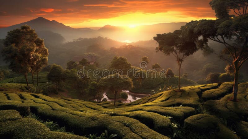 Tea Plantation with Sunset. Generative AI Stock Illustration ...