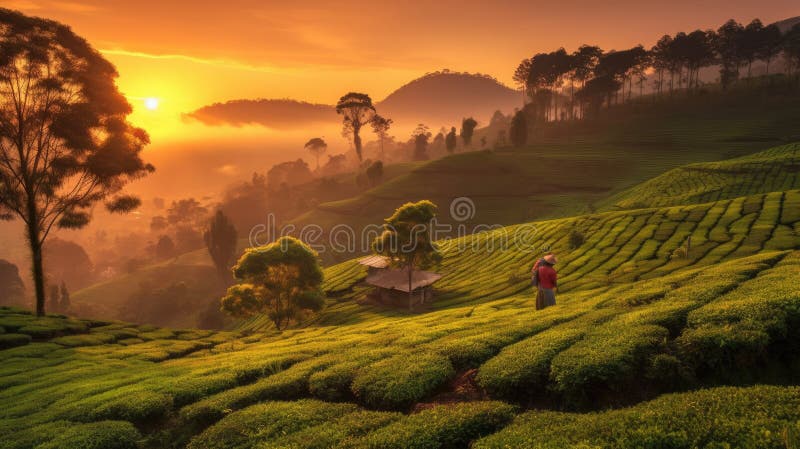 Tea Plantation with Sunset. Generative AI Stock Illustration ...
