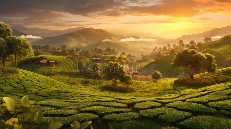 Tea Plantation with Sunset. Generative AI Stock Illustration ...