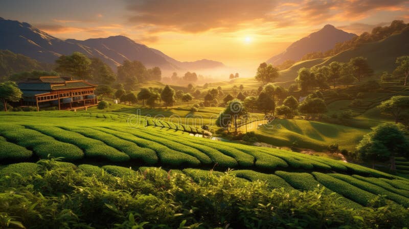 Tea Plantation with Sunset. Generative AI Stock Illustration ...