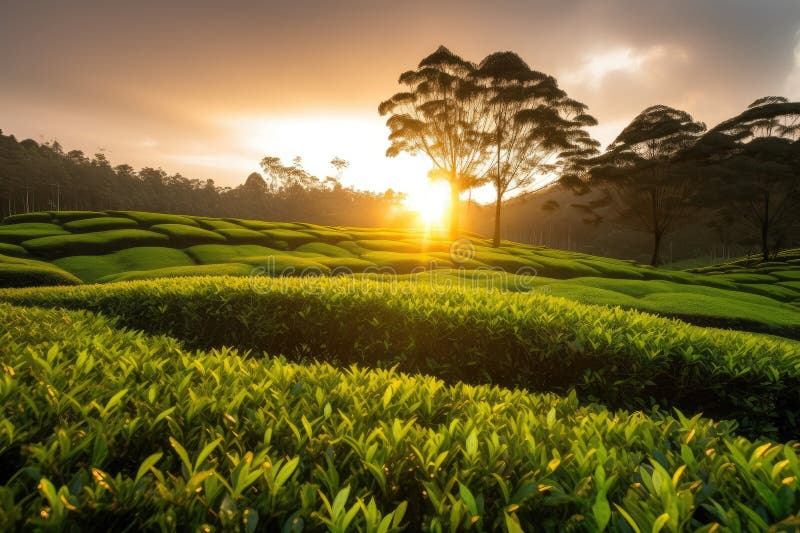 Tea Plantation Sunset, with the Sun Setting Behind Rows of Tea Plants ...