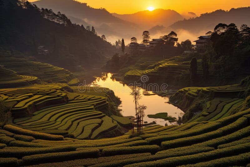 Tea Plantation Terraces during Sunset Stock Illustration - Illustration ...