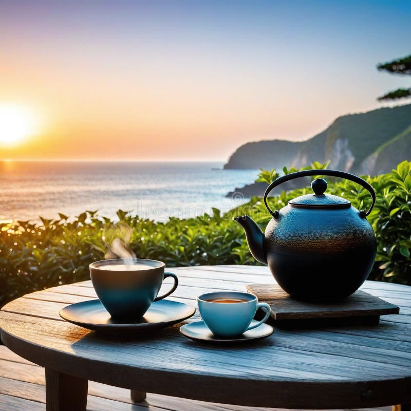 A Tea Pot and a Cup on a Wooden Table with a View of the Ocean and ...