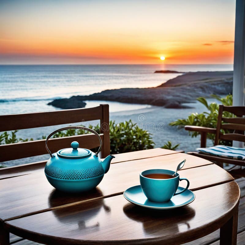 A Tea Pot and a Cup on a Wooden Table with a View of the Ocean and ...