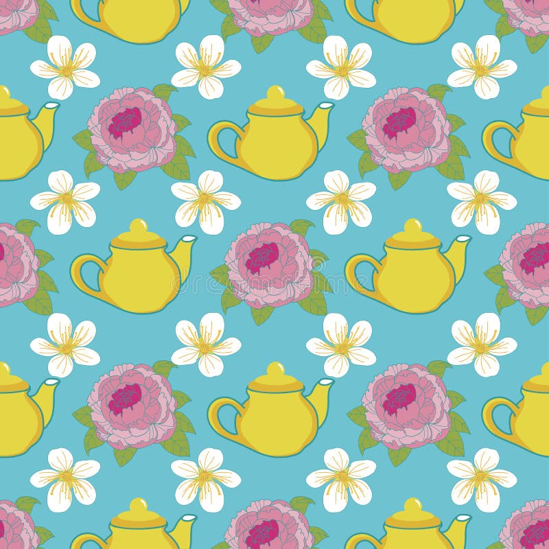 Tea Pot and Flowers Seamless Pattern Design Stock Vector - Illustration ...