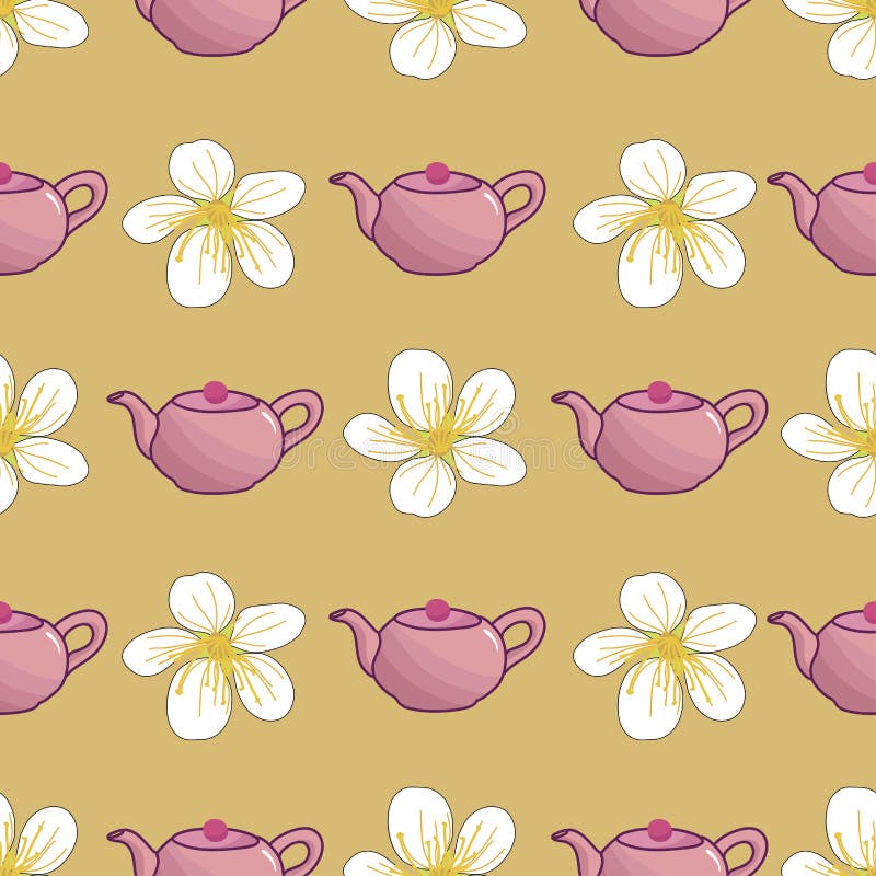Tea Pot and Flowers Seamless Vector Pattern Stock Vector - Illustration ...