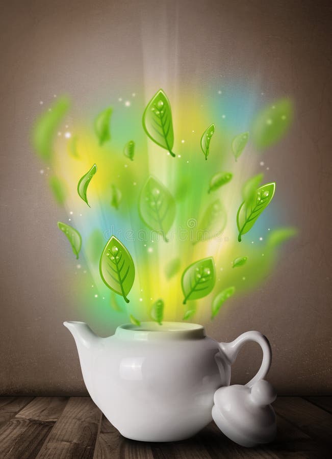 Tea Pot with Leaves and Colorful Abstract Lights Stock Photo - Image of ...