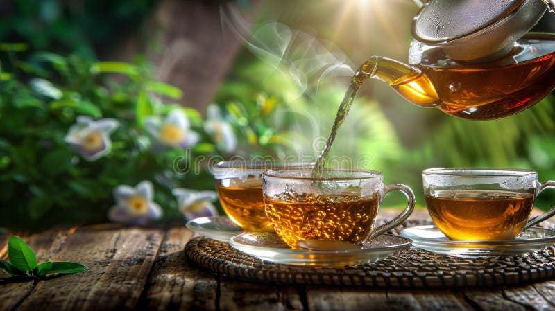 Tea Pot Pouring Tea into Three Cups Stock Image - Image of sharing ...