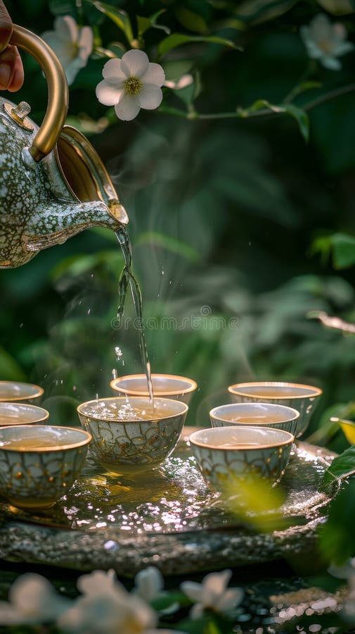 Tea Pot Pouring Tea into Three Cups Stock Image - Image of ritual ...
